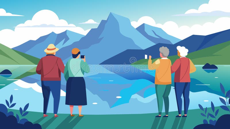 A Group of Seniors Standing at the Edge of a Tranquil Lake Their ...