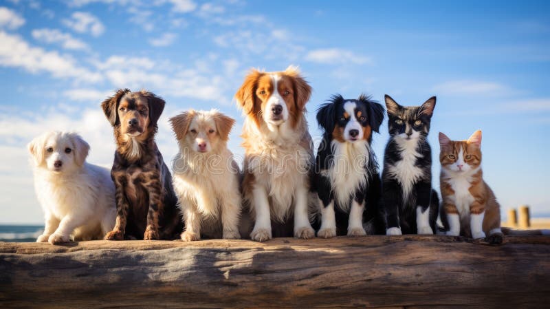 A Group of Seven Dogs and a Cat Sitting on a Log Outdoors Stock ...