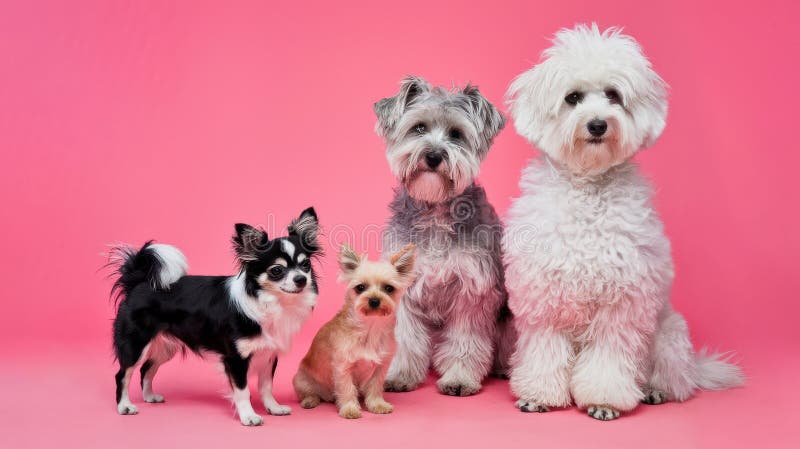 Group of Seven Small Dogs of Various Breeds Against Pink Background ...