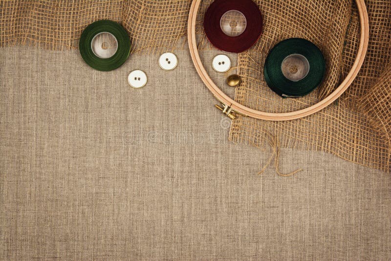 Group of Sewing Objects Lying Flat on a Natural Linen Stock Image ...