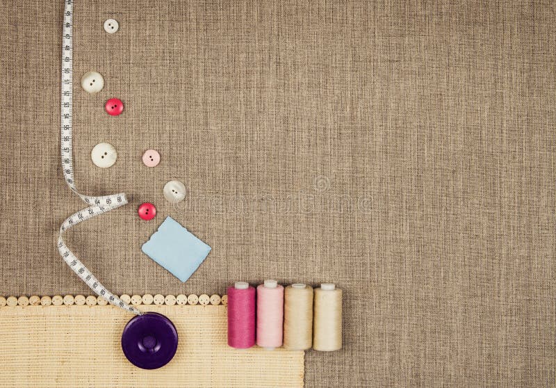 Group of Sewing Objects Lying Flat on a Natural Linen Stock Photo ...