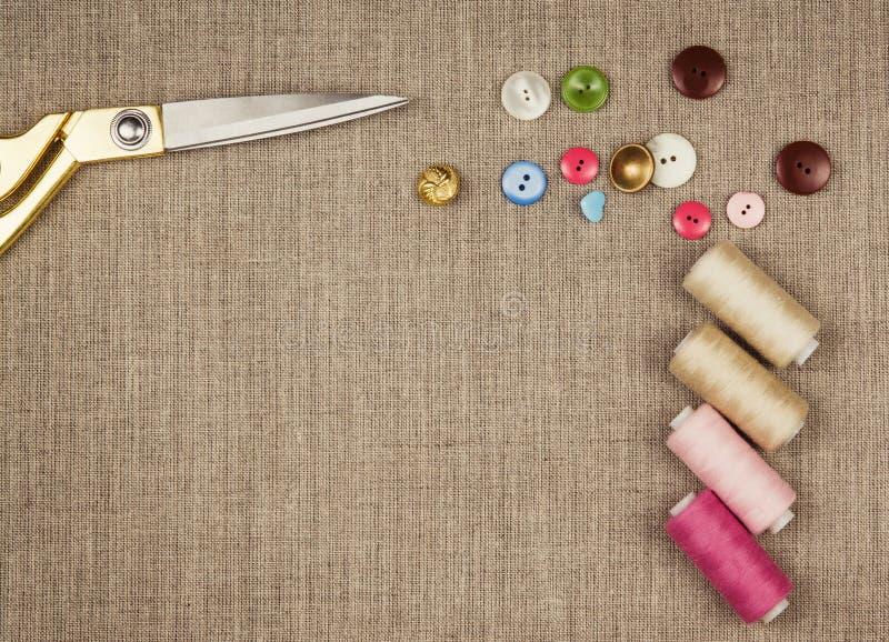 Group of Sewing Objects Lying Flat on a Natural Linen Stock Photo ...