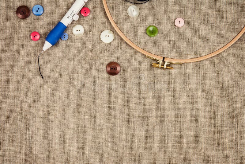Group of Sewing Objects Lying Flat on a Natural Linen Stock Photo ...