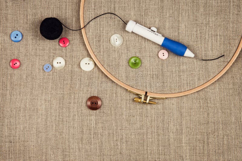 Group of Sewing Objects Lying Flat on a Natural Linen Stock Photo ...
