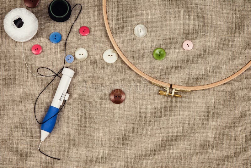 Group of Sewing Objects Lying Flat on a Natural Linen Stock Image ...