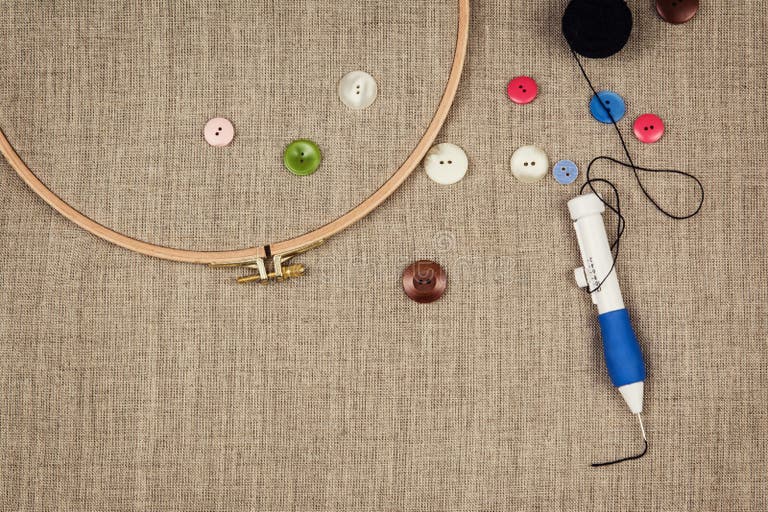 Group of Sewing Objects Lying Flat on a Natural Linen Stock Image ...
