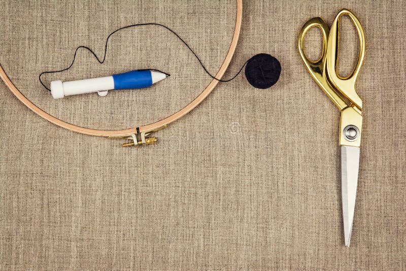 Group of Sewing Objects Lying Flat on a Natural Linen Stock Image ...