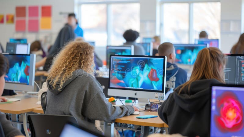 Group Sharing Computer Monitors in Lab at Computer Table. AIG41 Stock ...