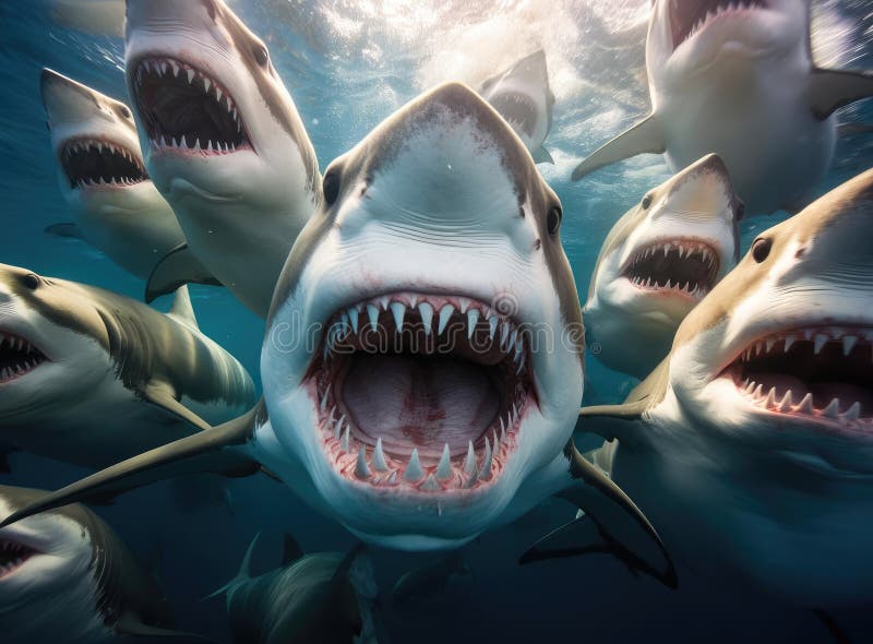 Group of Sharks in Crastal Clean Water. Stock Photo - Image of tropical ...