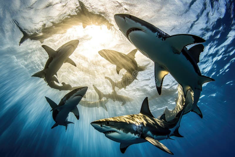 A Group of Sharks Swimming Together in the Ocean Stock Photo - Image of ...