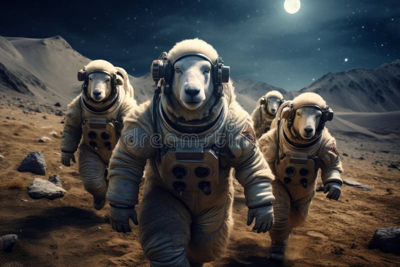 A Group of Sheep Astronauts in Spacesuits Explores the Planet Stock ...