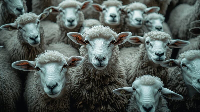Group of Sheep with Fluffy Coats Looking Towards the Camera in a Barn ...