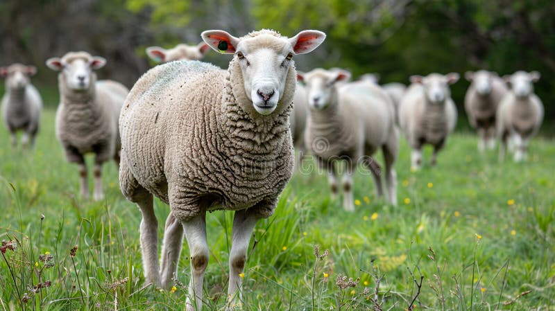 Group of Sheep Graze in Meadow, One Sheep in Focus, Looking Directly at ...