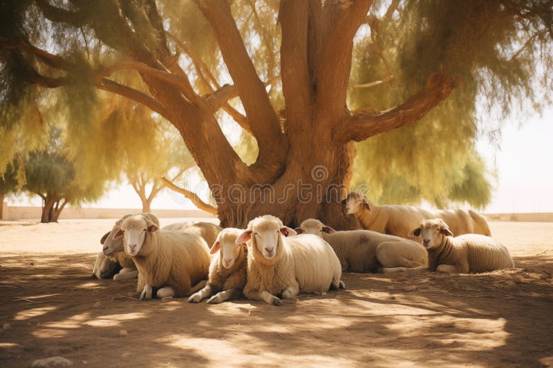 Group of Sheep Huddled Together Under the Shade of a Sprawling Tree ...