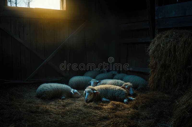 A Group of Sheep are Laying in a Barn Stock Illustration - Illustration ...