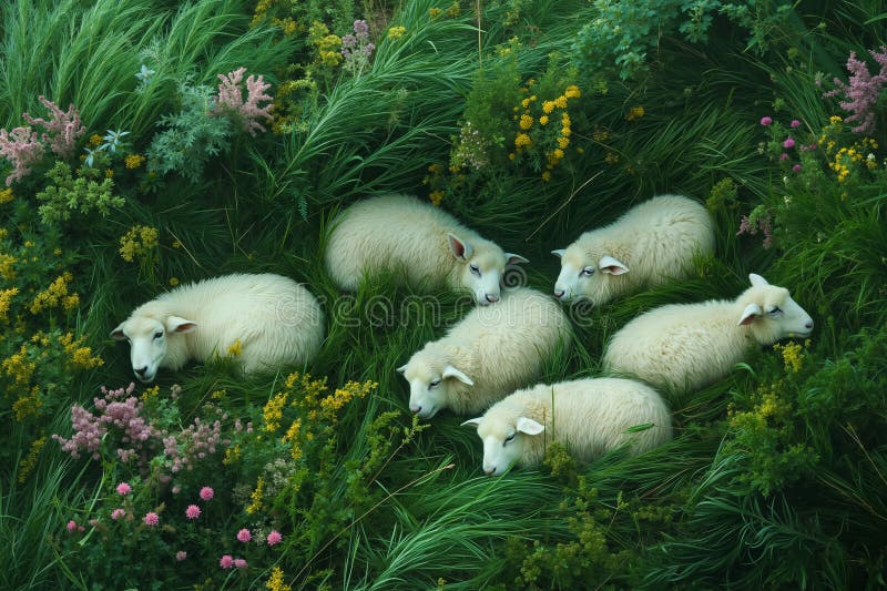 A Group of Sheep Laying in a Field of Flowers Stock Photo - Image of ...