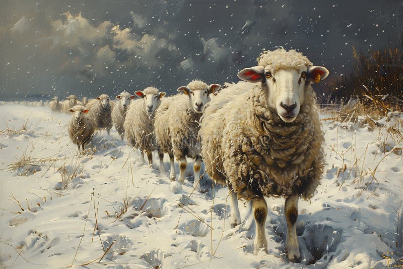 A Group of Sheep Moving through a Field Covered in Snow Stock Image ...