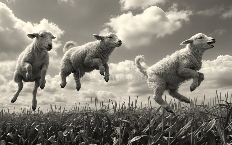Group of Sheep Running Uphill on Grassy Terrain Under Cloudy Skies, AI ...