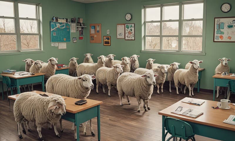 Group Sheep Standing in Classroom Stock Illustration - Illustration of ...
