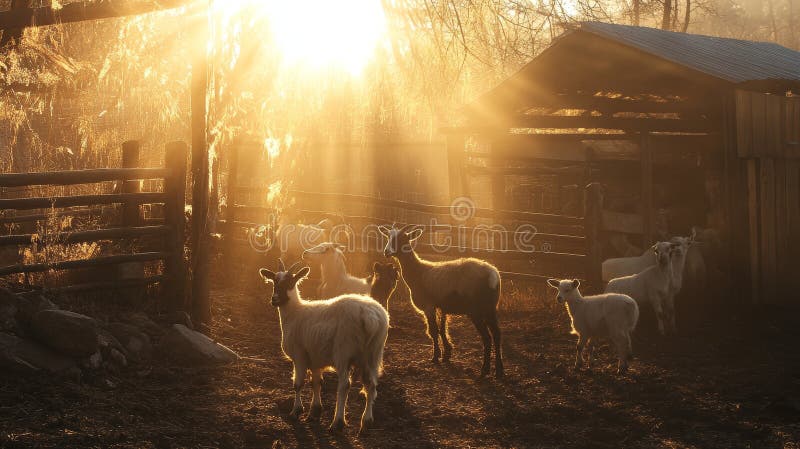 A Group of Sheep are Standing in a Pen with a Sun Shining on Them Stock ...