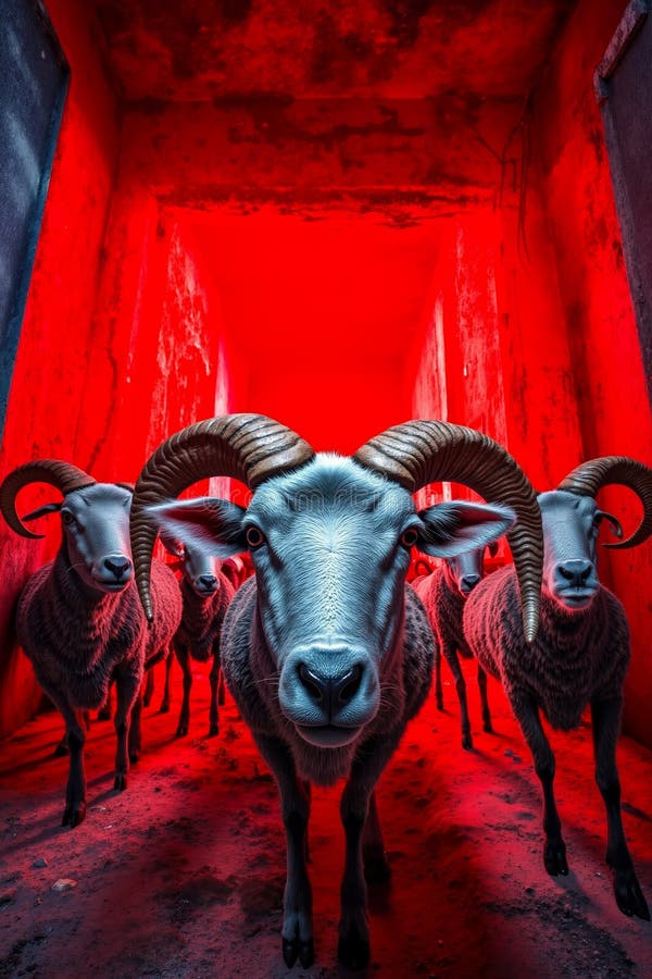 A Group of Sheep Standing in a Red Tunnel Stock Image - Image of ...
