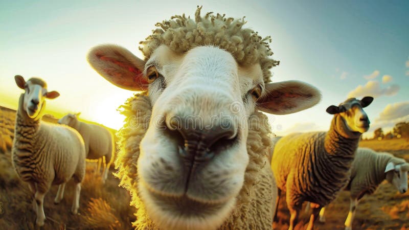 A Group of Sheep Standing Together on Top of a Dry Grass Field Stock ...
