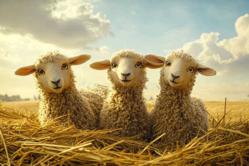 Group of Sheep are Standing on Top of a Hay Bale. Stock Image - Image ...