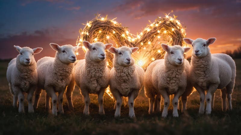 Six Adorable Sheep Pose with Heart-Shaped Lights at Sunset Stock ...