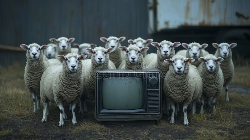 A Group of Sheep Watching an Old Television from Behind Stock Photo ...
