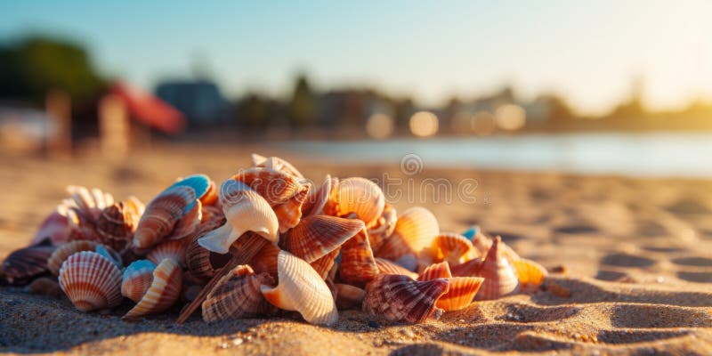 A Group of Shells on the Beach at Sunset Stock Photo - Image of ...
