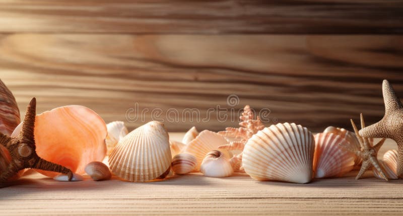 A Group of Shells on a Wood Surface Stock Illustration - Illustration ...