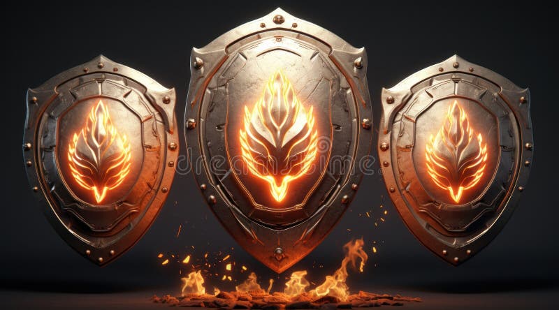 A Group of Shields with Flames Stock Illustration - Illustration of ...