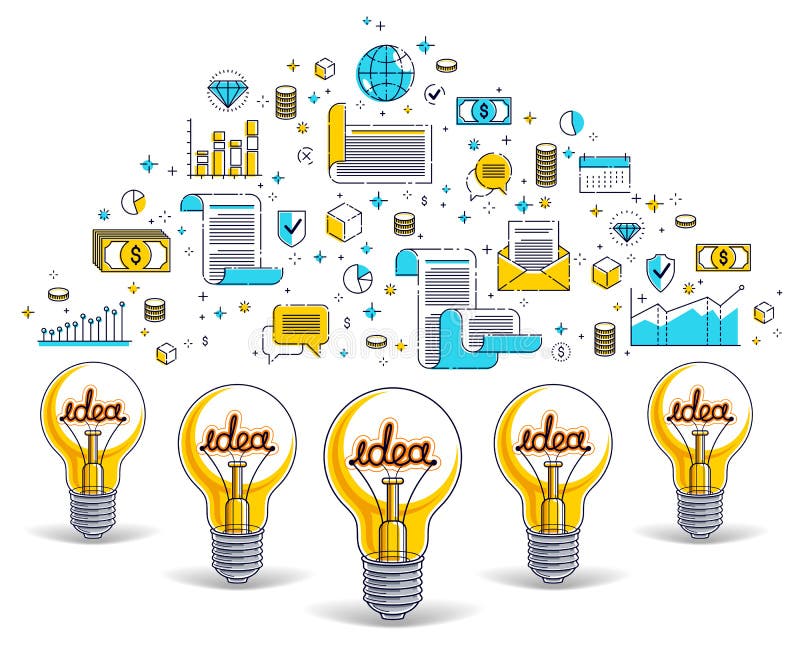 Group of Shining Light Bulbs and Set of Icons, Business Ideas Creative ...