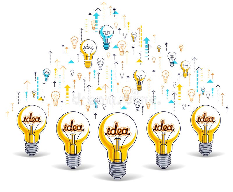 Group of Shining Light Bulbs and Set of Icons, Business Ideas Creative ...