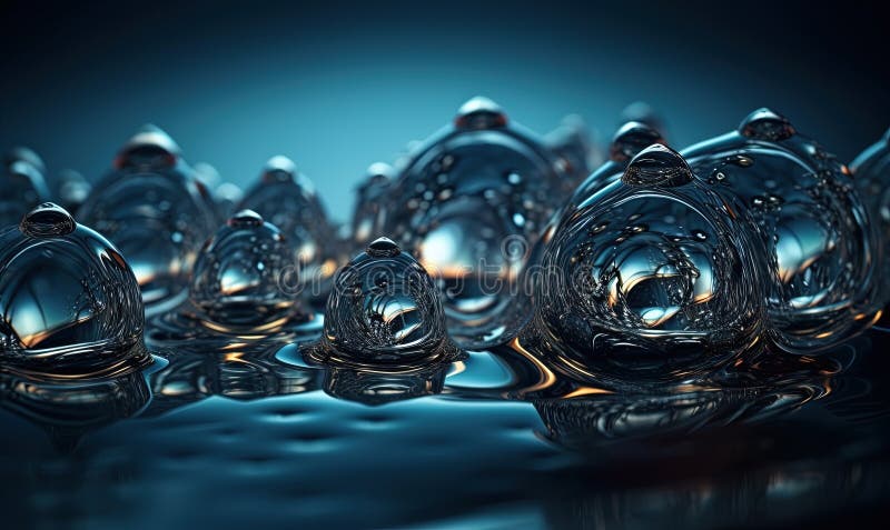 A Group of Shiny Glass Objects on a Reflective Surface with a Blue ...