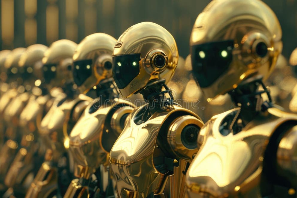 A Group of Shiny Gold Robots Standing in a Row, Ready for Action Stock ...