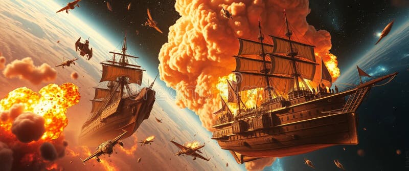 A Group of Ships Floating in the Air with a Planet in the Background ...