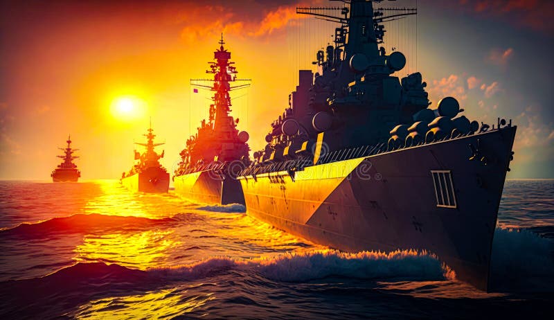 Group of Ships in the Ocean at Sunset. Generative AI Stock Illustration ...