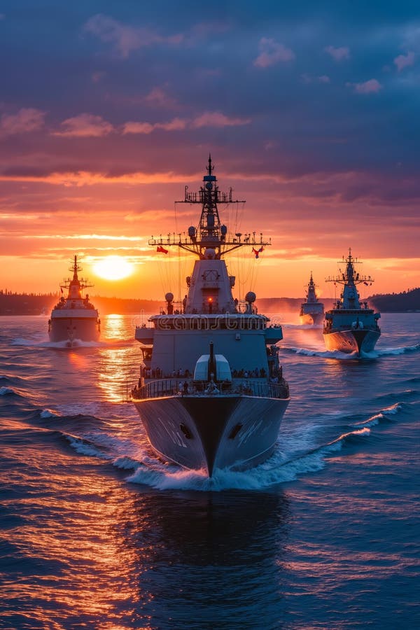 A Group of Ships Sailing in the Ocean at Sunset Stock Photo - Image of ...