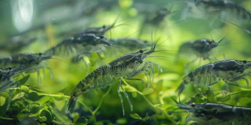 A Group of Shrimp are Swimming in a Green Pond Stock Image - Image of ...