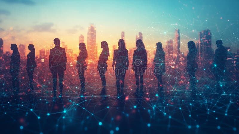 Silhouettes of People Standing Against a Cityscape with Network ...