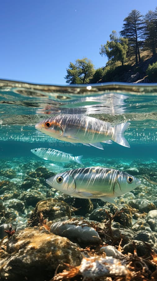 Group of Silver Sardines Swimming in Ocean Seascape Blurry Background ...