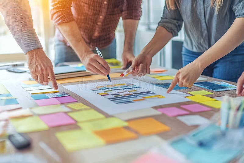A Group Sits Around a Table with Sticky Notes on it Stock Image - Image ...