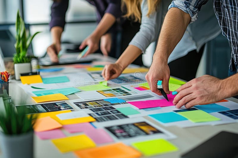A Group Sits Around a Table with Sticky Notes on it Stock Photo - Image ...
