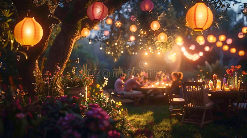 Group Sitting at Table Under Tree with Lanterns. Generative by AI Stock ...