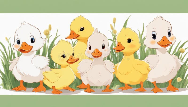 A Group of Six Baby Ducks Standing in the Grass Stock Illustration ...