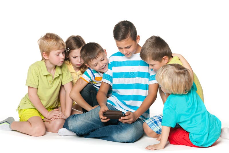 Group of Six Children with a New Gadget Stock Photo - Image of preteen ...