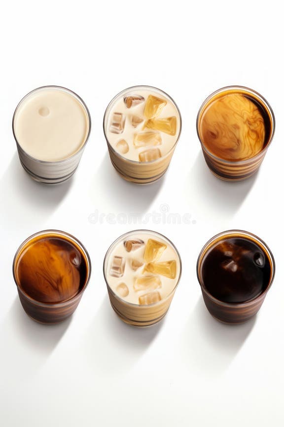 Group of Six Cups of Different Types of Drinks with Ice. Generative AI ...