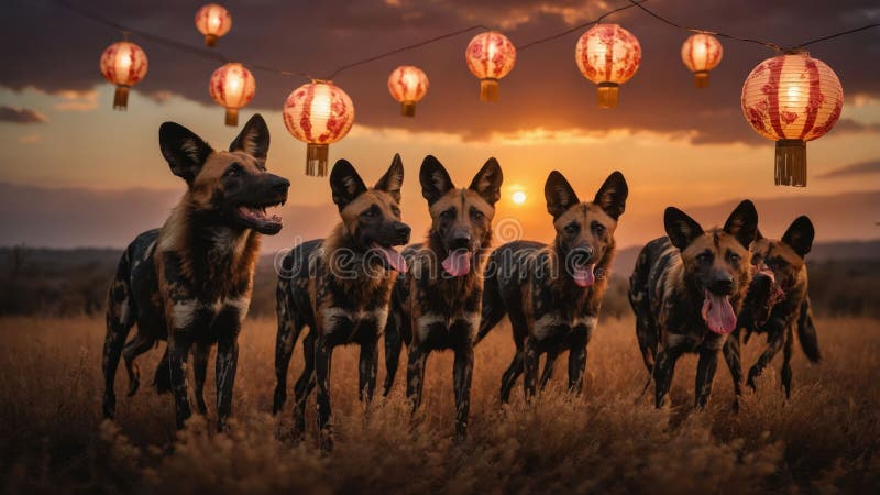 African Wild Dogs at Sunset with Lanterns Stock Illustration ...