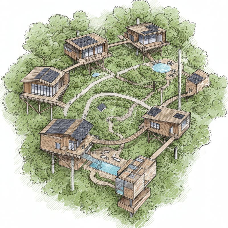 A Group of Six Elevated, Rectangular Wooden Cabins is Interconnected by ...